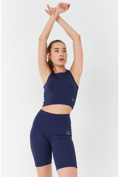 Tommy Life Indigo Kadın Yüksek Bel Toparlayıcı Crop Biker Tayt Takım - 95302