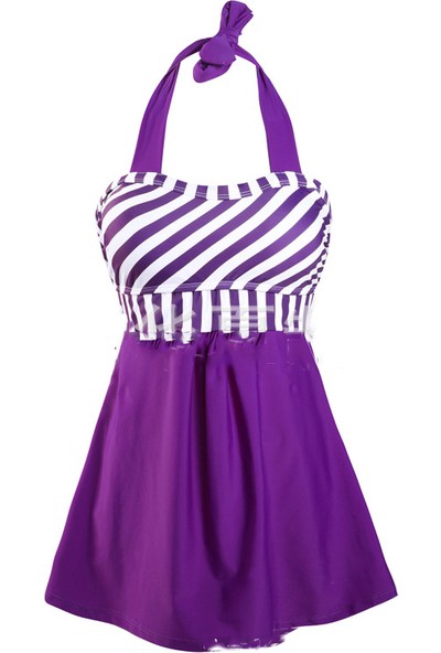 Xstone Kadın Konservatif Çizgili Etek Düz Açılı Pantolonlu Boyun Sistemi Asılı Büyük Boylu Moda Mayo (Yurt Dışından)