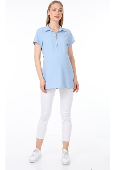 4480-FERMUAR Polo Yaka Emzirme Detay Hamile Gömlek 4480-FERMUAR Polo Yaka Emzirme Detay Hamile Gömlek