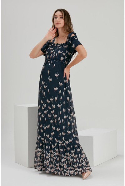 5110-NILÜFER Çiçek Omuz Bağlamalı Şifon Maxi Hamile Elbise