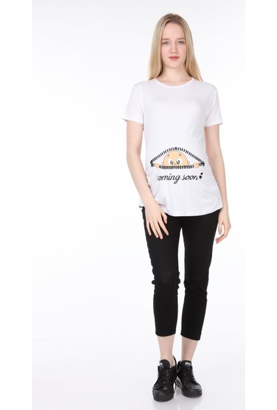 4473-FERMUARDAN Bakan Bebek Viskon Hamile Kısa Kol T-Shirt