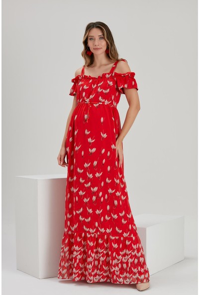 5110-NILÜFER Çiçek Omuz Bağlamalı Şifon Maxi Hamile Elbise