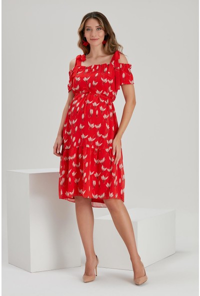 5110-NILÜFER Çiçek Omuz Bağlamalı Şifon Mini Hamile Elbise