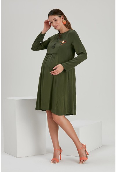 E0007-BAĞLAMALI Yaka Broşlu Viskon Hamile Tunik