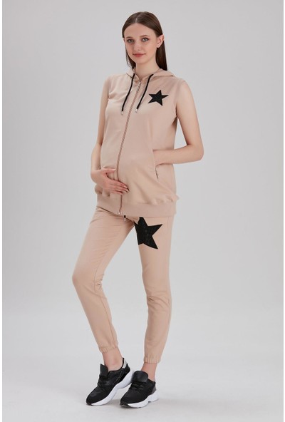 O7153-YILDIZ Nakış Kapişonlu Hamile Eşofman Takım