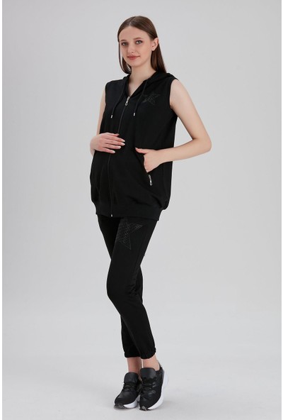 O7153-YILDIZ Nakış Kapişonlu Hamile Eşofman Takım