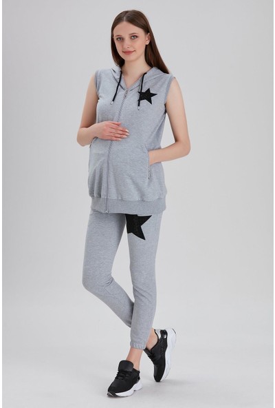 O7153-YILDIZ Nakış Kapişonlu Hamile Eşofman Takım