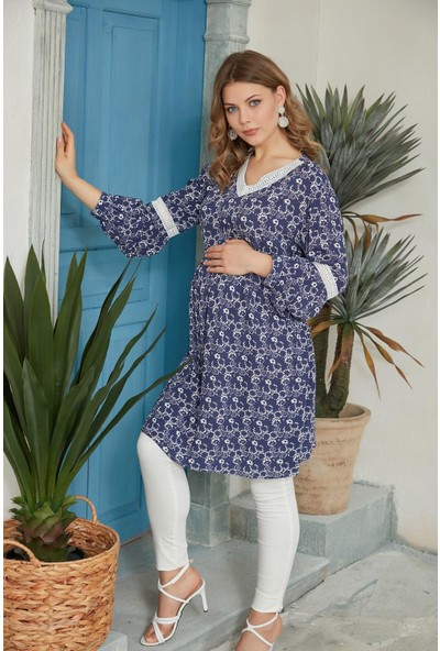 O7149-DANTEL V Yaka Hamile Pamuklu Tunik