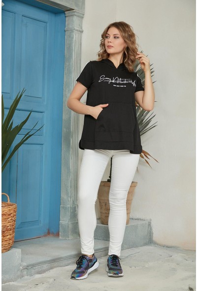 O7148-PAMUK Kapişonlu Kısa Kol Hamile Sweatshirt