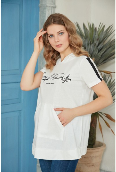 O7148-PAMUK Kapişonlu Kısa Kol Hamile Sweatshirt