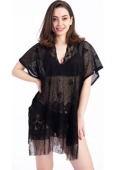 Pemilo Kadın 72736-3 Desenli Püsküllü Pareo Siyah