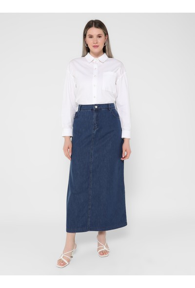 Büyük Beden Doğal Kumaşlı Kot Etek - Lacivert - Alia