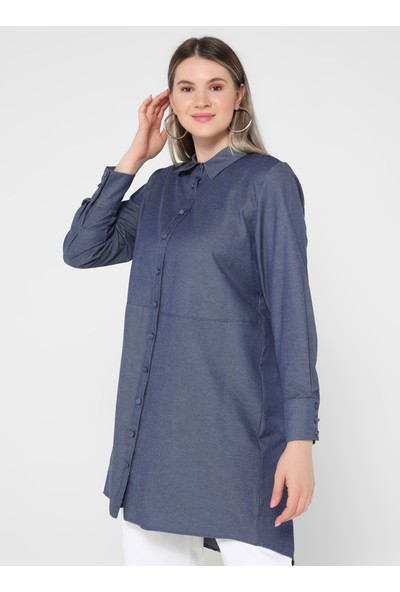Büyük Beden Boydan Düğmeli Tunik - Lacivert - Alia