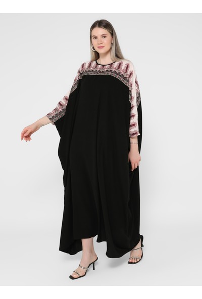 Büyük Beden Taş Detaylı Desenli Ferace - Siyah Bej - Alia Büyük Beden Taş Detaylı Desenli Ferace - Siyah Bej - Alia