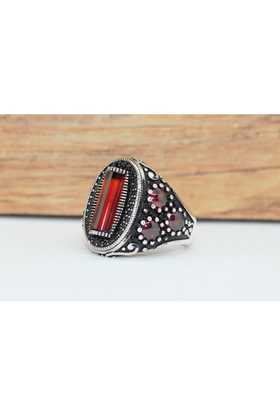TAJA925 Erkek Gümüş Yüzük 925 Kırmzı Zirkon Taşlı
