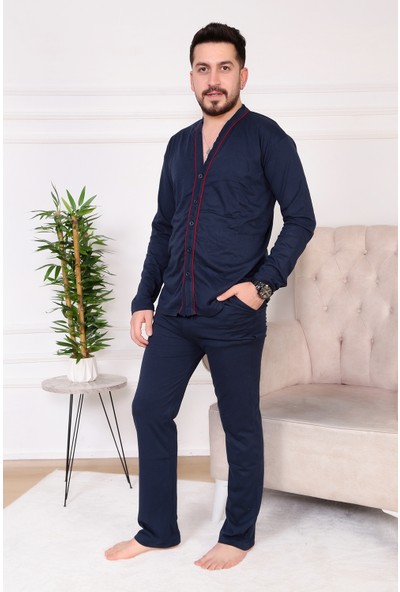 yogg yogg Erkek Pamuklu Düğmeli Uzun Kollu Pijama Takımı - Lacivert