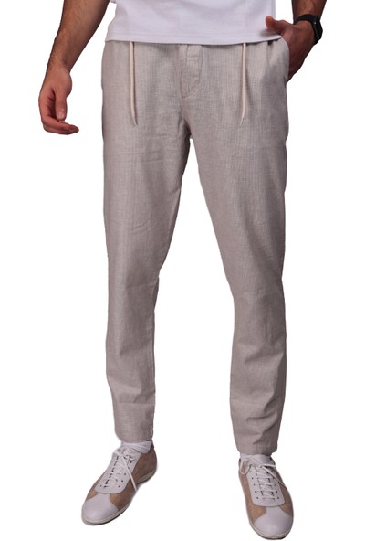 Erkek Bej Lastikli %100 Keten Pantolon