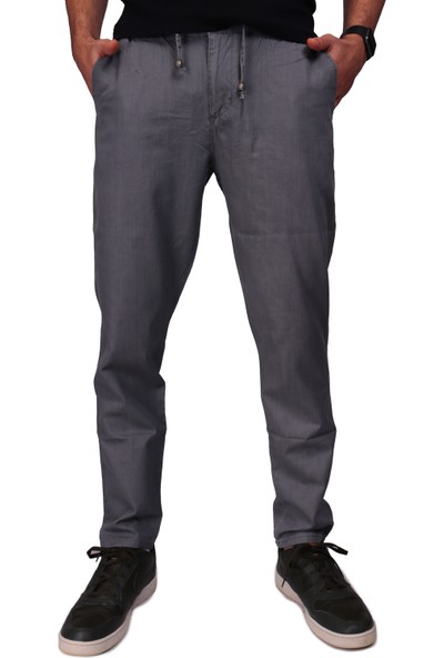 Erkek Antrasit Lastikli %100 Keten Pantolon