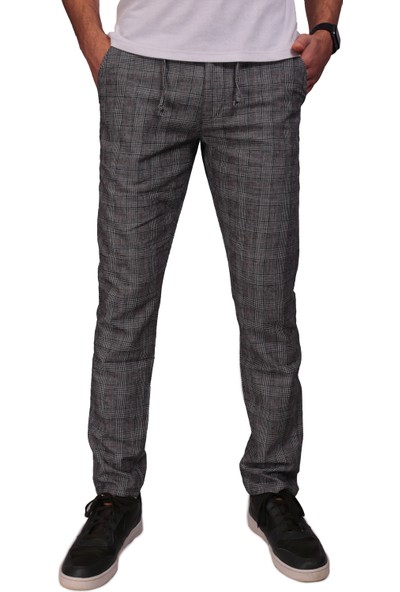 Erkek Siyah Kareli Lastikli %100 Keten Pantolon