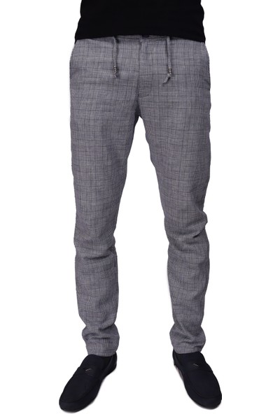 Erkek Lacivert Kareli Lastikli %100 Keten Pantolon Erkek Lacivert Kareli Lastikli %100 Keten Pantolon