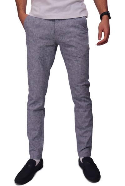 Erkek Lacivert %100 Keten Pantolon