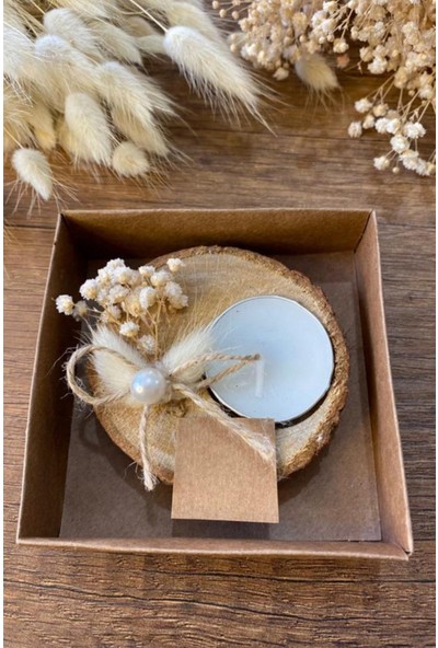 Ak Ahşap 50 Adet Kütük Mumluk Söz Nişan Kına Nikah Şekeri Kraft Kutulu