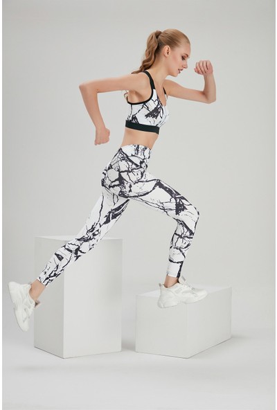 Missmaral Kadın Tayt Büstiyer Takım Dijital Günlük Giyim ve Sporda Beyaz-Siyah