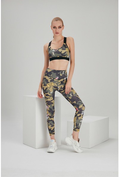 Missmaral Kadın Tayt Büstiyer Takım Dijital Günlük Giyim ve Sporda Yeşil Kamuflaj
