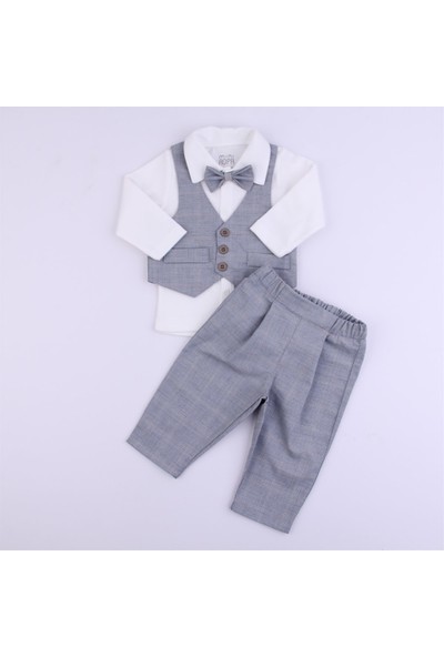 Miniropa Yelekli Erkek Bebek Takım -Kareli Gri