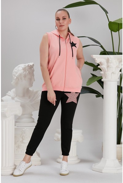 Rmg Yıldız Taş Detaylı Büyük Beden Pudra Eşofman Takımı