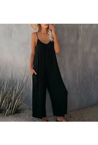 As Collection Siyah Cepli Aerobin Kumaş Kadın Tulum