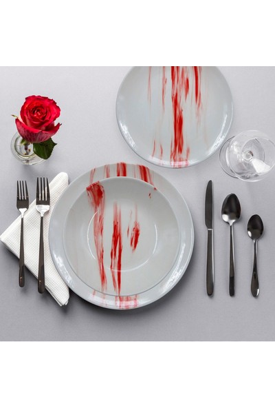 Arna Porselen El Dekoru 18 Parça 6 Kişilik Yemek Takımı Kırmızı
