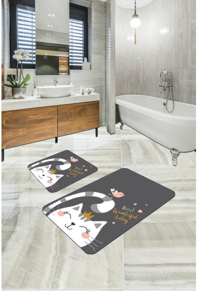 Showy Baby Sevimli Kedi Desenli Lüks Ikili Banyo Paspası Showy Baby Sevimli Kedi Desenli Lüks Ikili Banyo Paspası