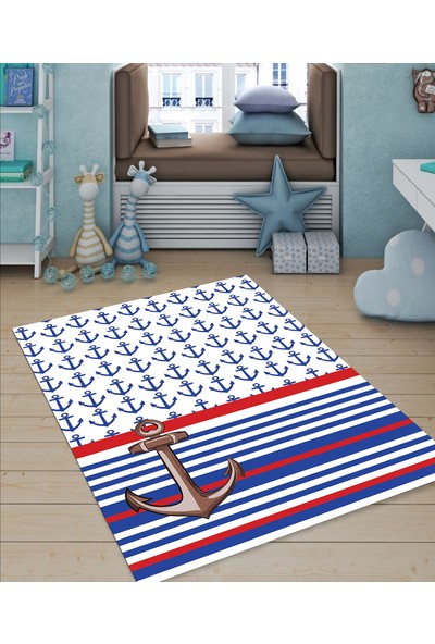 Showy Baby Mavi Kırmızı Çizgili Çapa Desenli Çocuk Odası Halısı