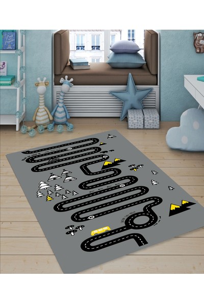 Showy Baby Yol Desenli Gri Çocuk Odası Halısı