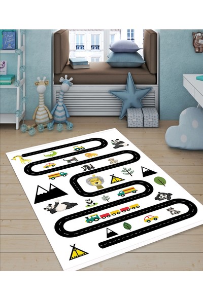 Showy Baby Yol Desenli Beyaz Çocuk Odası Halısı