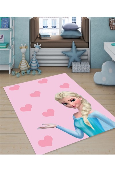 Showy Baby Elsa ve Kalpler Desenli Çocuk Odası Halısı Showy Baby Elsa ve Kalpler Desenli Çocuk Odası Halısı