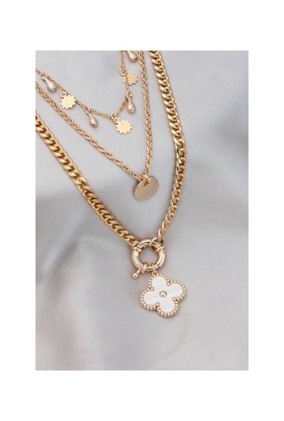 Doğu Gümüş Sedef Taşlı Yonca Detay Kararmaz Çelik Üçlü Kararmaz Çelik Kolye