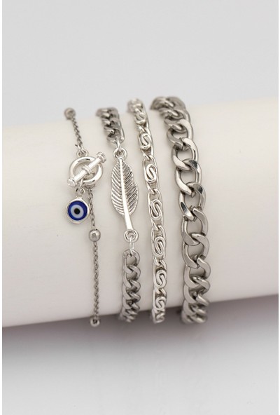 Sortie Accessories Yaprak ve Nazar Boncuğu Figürlü 4'lü Kombin Bileklik 012 Gümüş Renk Sortie Accessories Yaprak ve Nazar Boncuğu Figürlü 4'lü Kombin Bileklik 012 Gümüş Renk
