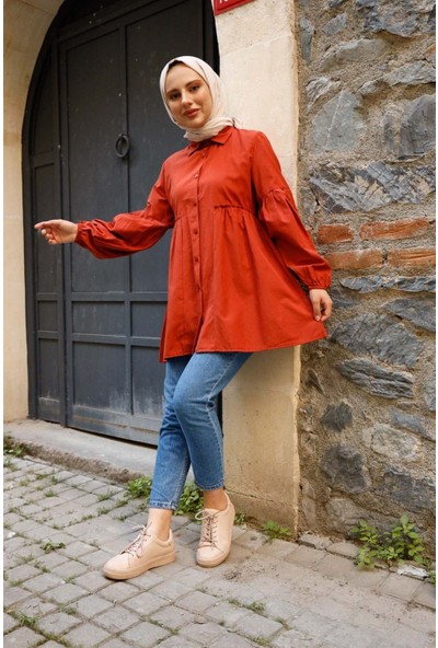 Bestenur Büzgü Detaylı Salaş Gömlek - Kiremit