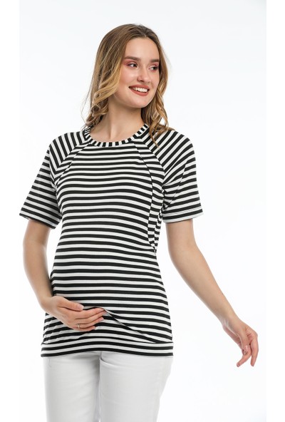 Perla Blanca Çizgili Çift Taraflı Emzirme Özellikli Hamile Tişörtü