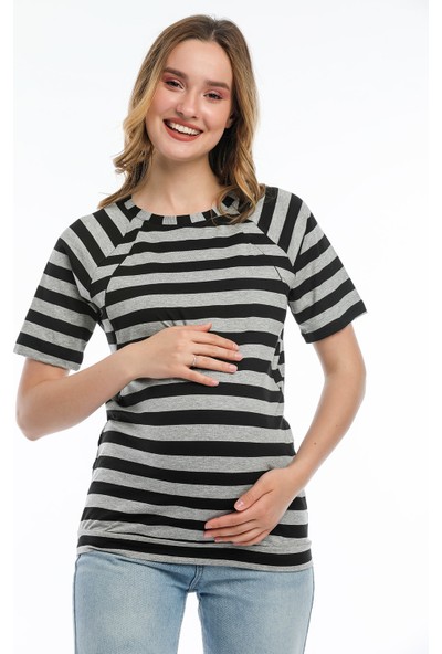 Perla Blanca Siyah Gri Çizgili Emzirme Özellikli Hamile Tişörtü