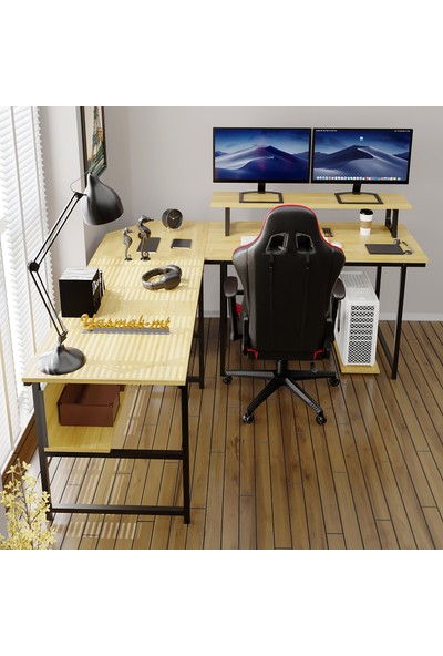 Home Açık Ceviz (Ebru) Siyah L Masa, Oyun Masası, L-Tipi Bilgisayar Masası 200-E