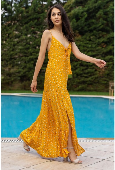 Lars Butik Kadın Sarı Çiçekli Yaka Detaylı Askılı Uzun Elbise