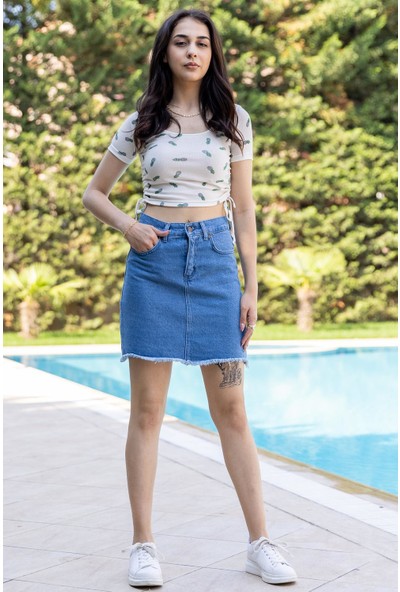 Lars Butik Kadın Mavi Uçları Püsküllü Kısa Kot Etek