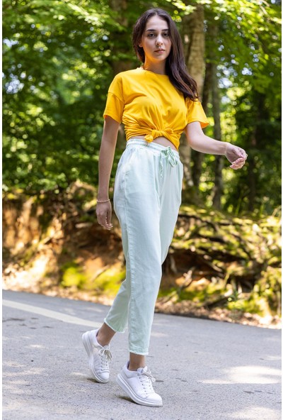 Lars Butik Kadın Açık Yeşil Paçası Püsküllü Beli Lastikli Keten Pantolon