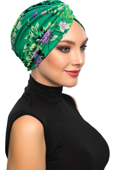 Fidan Bone Fidan Desenli Çapraz Penye Çiçek Motifli Yeşil Hazır Türban Tesettür Bone