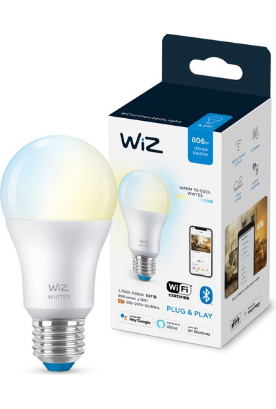 Wiz-Wi-Fi 2700K-6500K Beyaz Ambiyans Akıllı Ampul - 60W - A60 - E27 Normal Duy Wiz-Wi-Fi 2700K-6500K Beyaz Ambiyans Akıllı Ampul - 60W - A60 - E27 Normal Duy