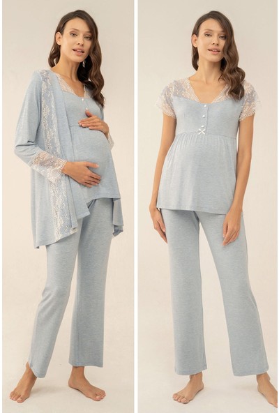 Feyza Pijama Feyza Dantel Detaylı Lohusa 3'lü Pijama Takım