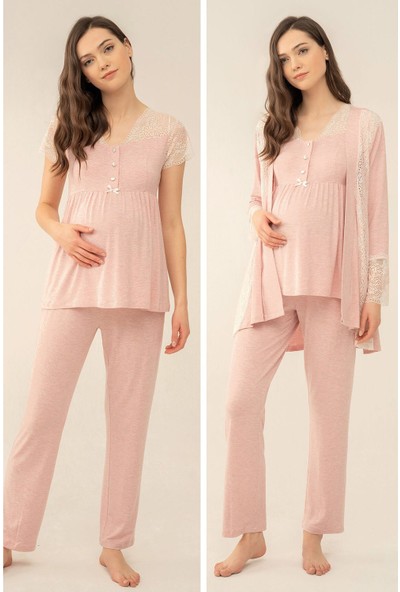 Feyza Pijama Feyza Dantel Detaylı Lohusa 3'lü Pijama Takım